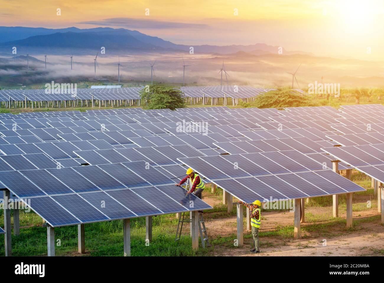Engineering team inspecting or repairing solar cells on solar farms ...