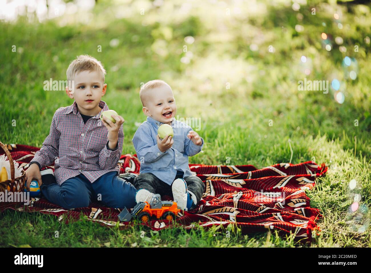 Two little brothers sitting and eating apple in park Stock Photo - Alamy