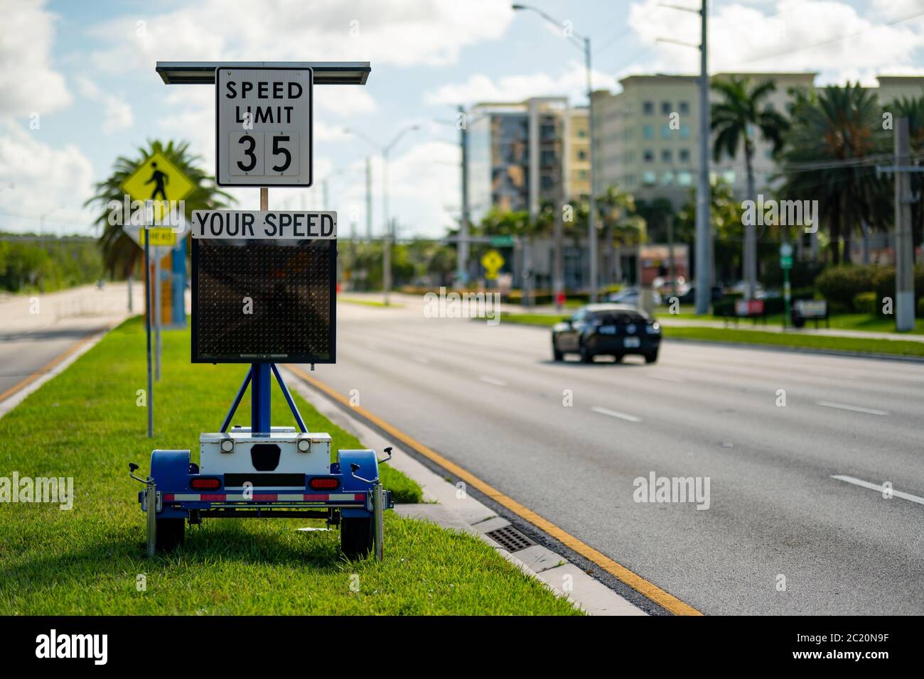 Speed limit radar in the city showing drivers their speed as ...