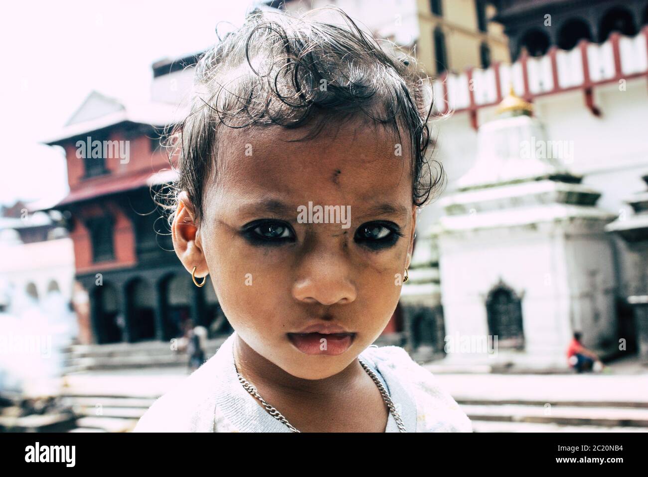 Kathmandu Nepal August 27, 2018 Portrait of unknown Hindu kid visiting ...