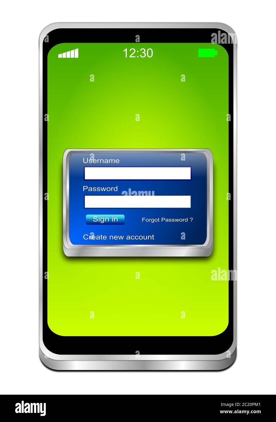 Smartphone with blue Login Screen on green desktop - 3D illustration ...
