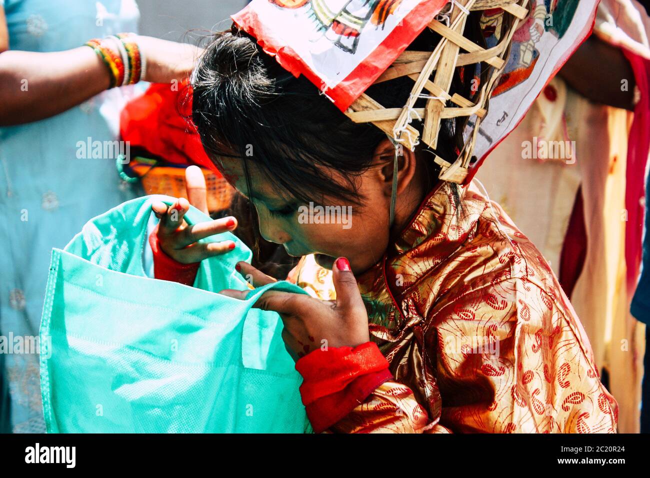 Kathmandu Nepal August 27, 2018 Portrait of unknown Hindu kid visiting ...
