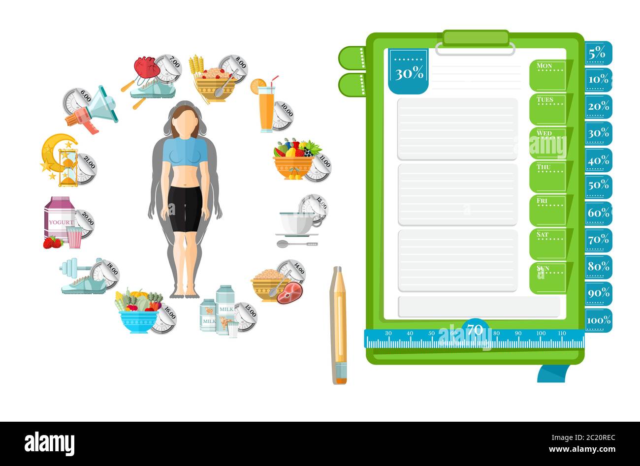 Health diary. Woman with her schedule diet from left. Template of ...