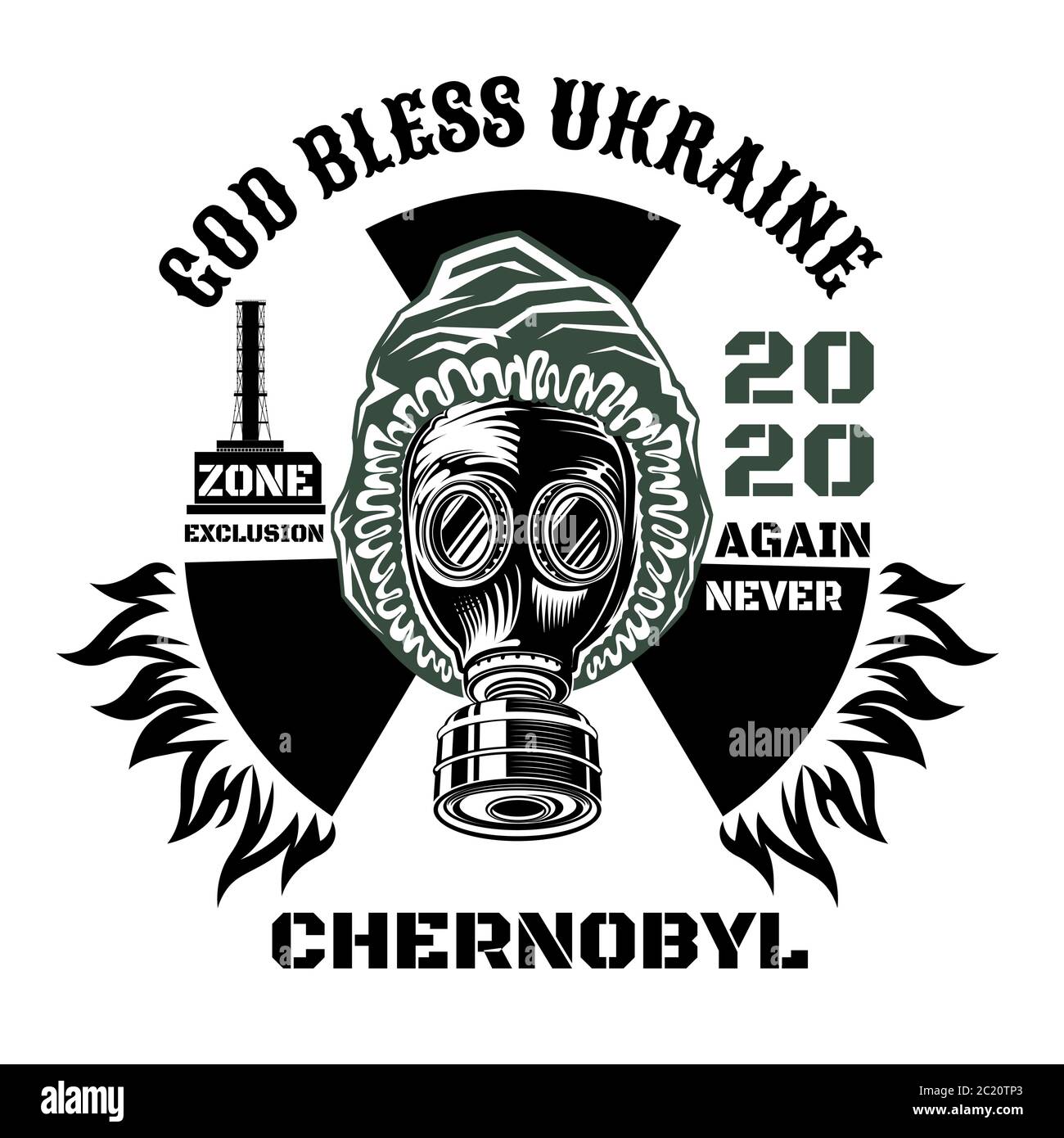 Vintage gas mask in center of burning radiation symbol on white ...