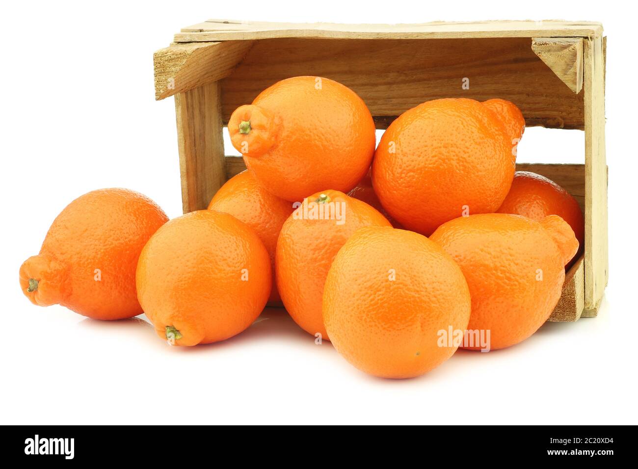 fresh and colorful Minneola tangelo fruit in a wooden crate on a white ...