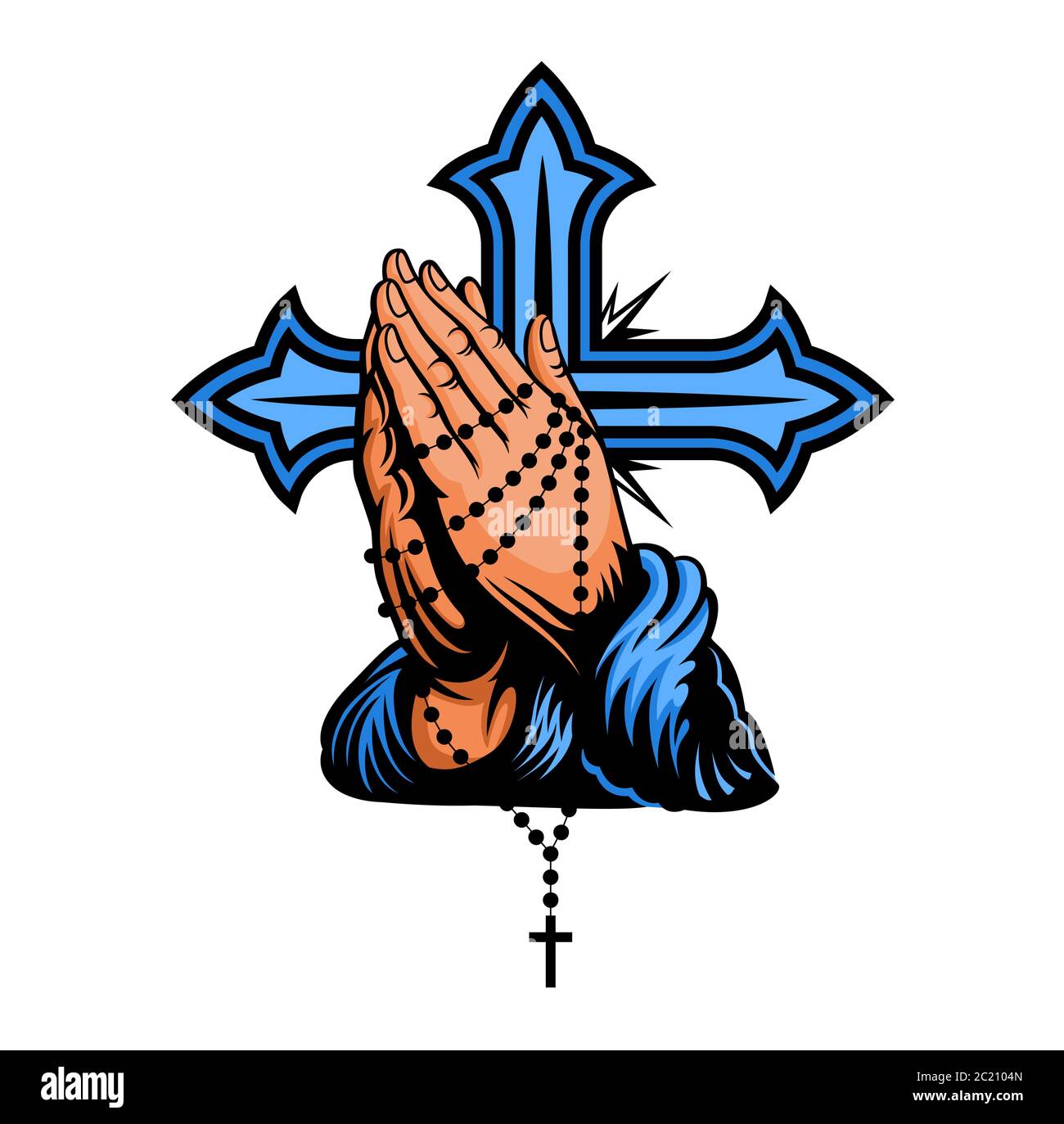 Praying hands with chain and cross behind it. Vector color illustration ...