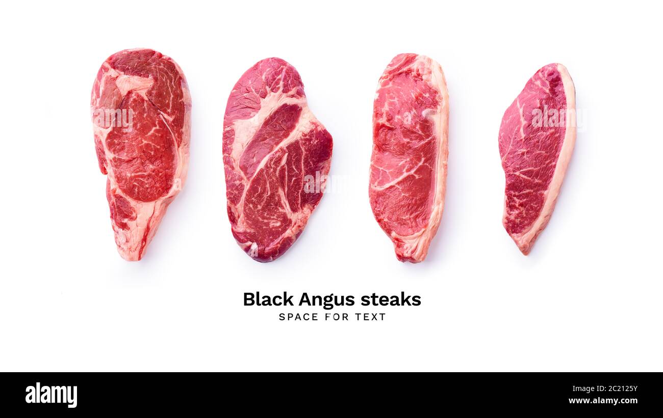 Creative flat lay with black angus prime beef steak variety isolated on ...
