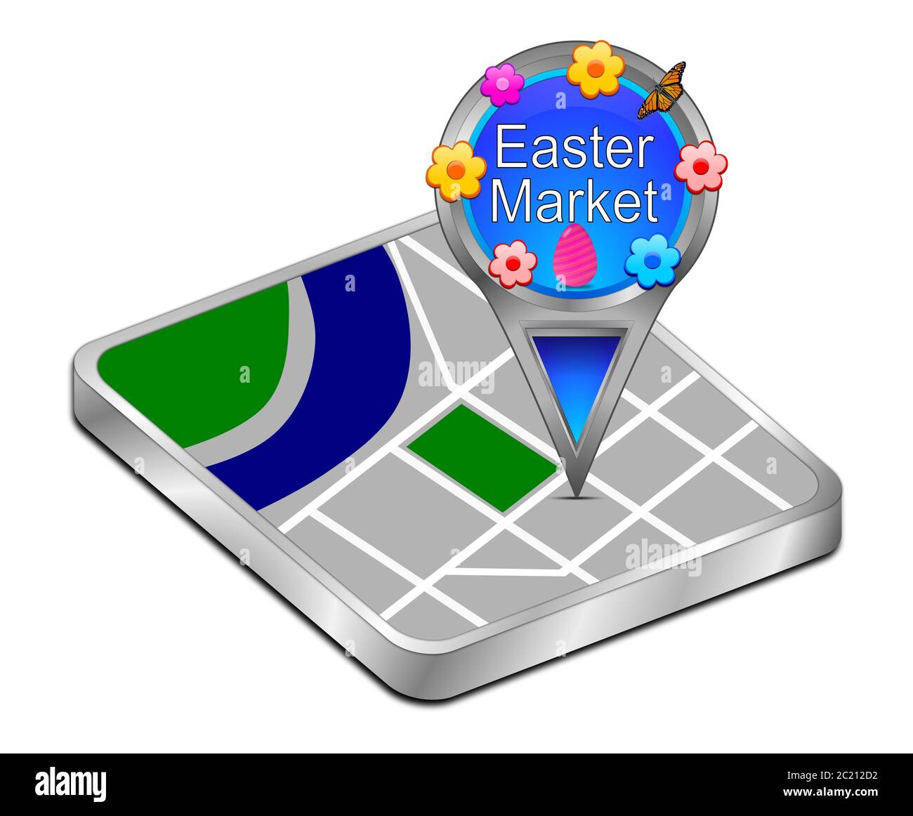 decorative blue Map pointer with Easter Market â€“ illustration Stock ...