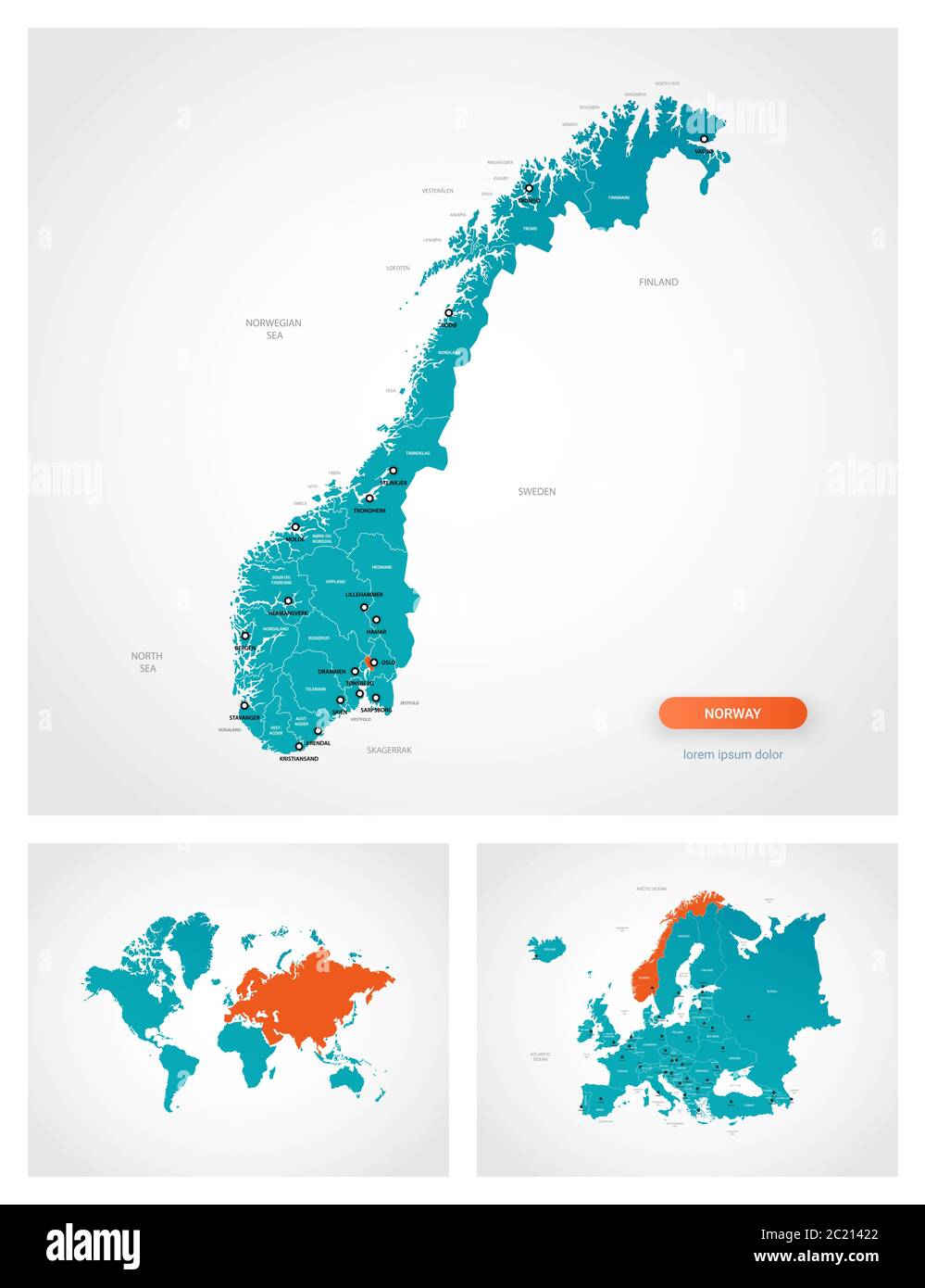 Editable template of map of Norway with marks. Norway on world map and ...