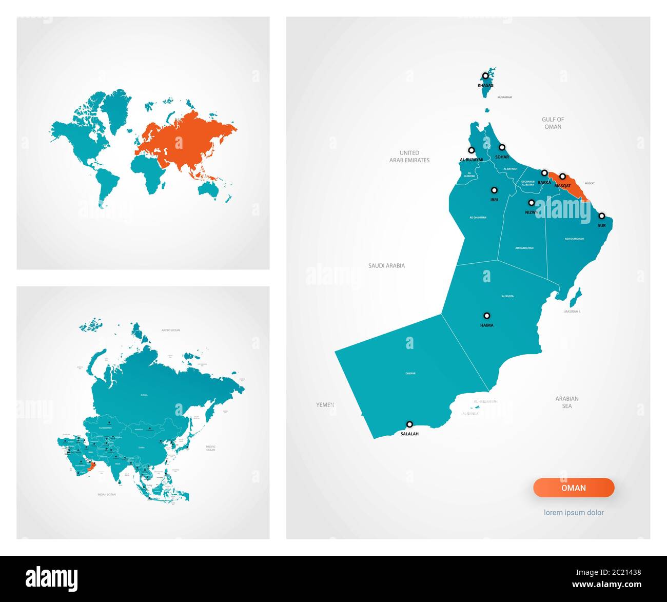Editable template of map of Oman with marks. Oman on world map and on ...