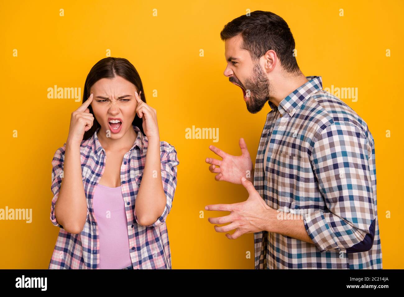 Aggressive man have disagreement with his sweetheart shout she touch ...