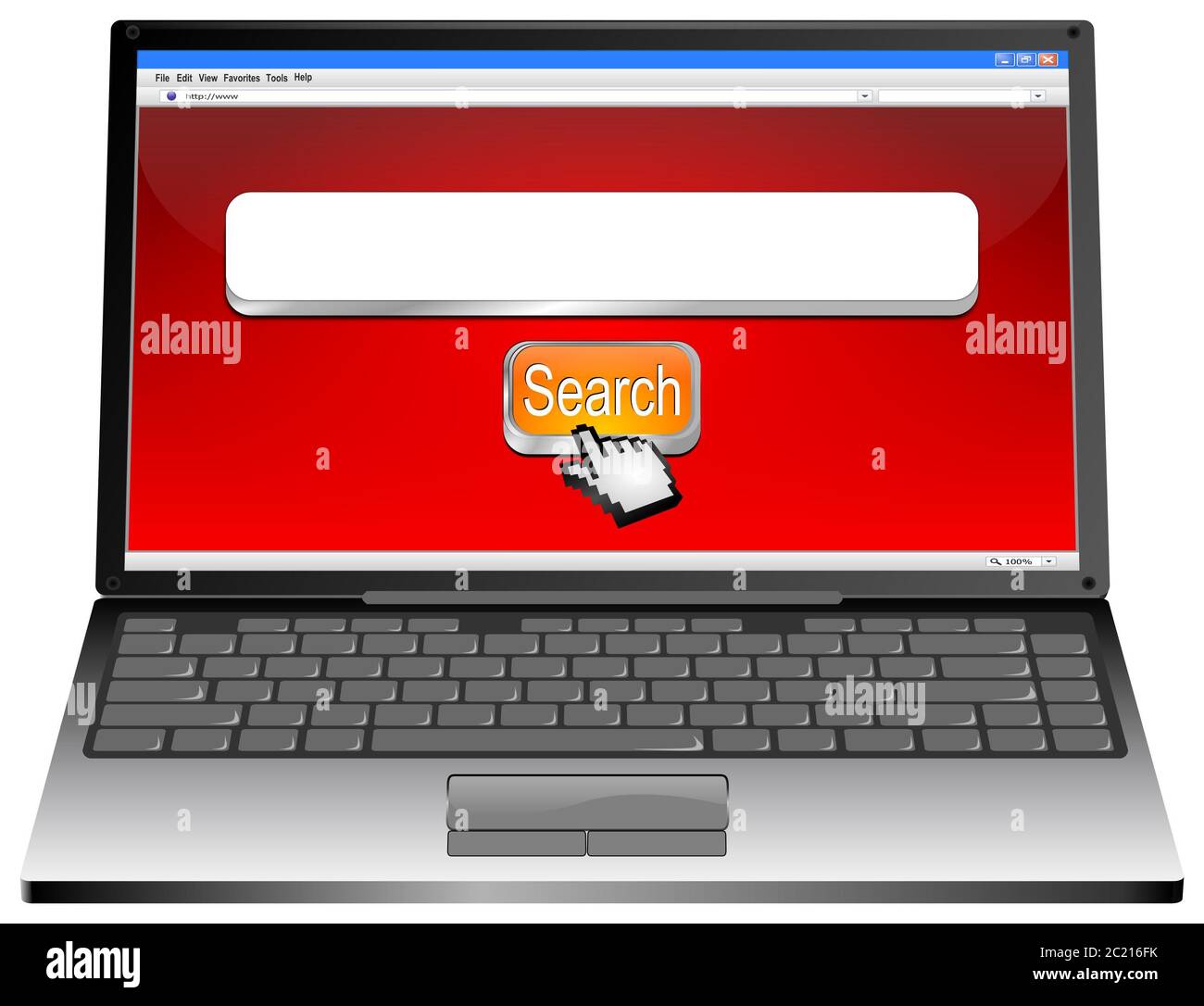 Laptop with internet web search engine and cursor on red desktop - 3D ...