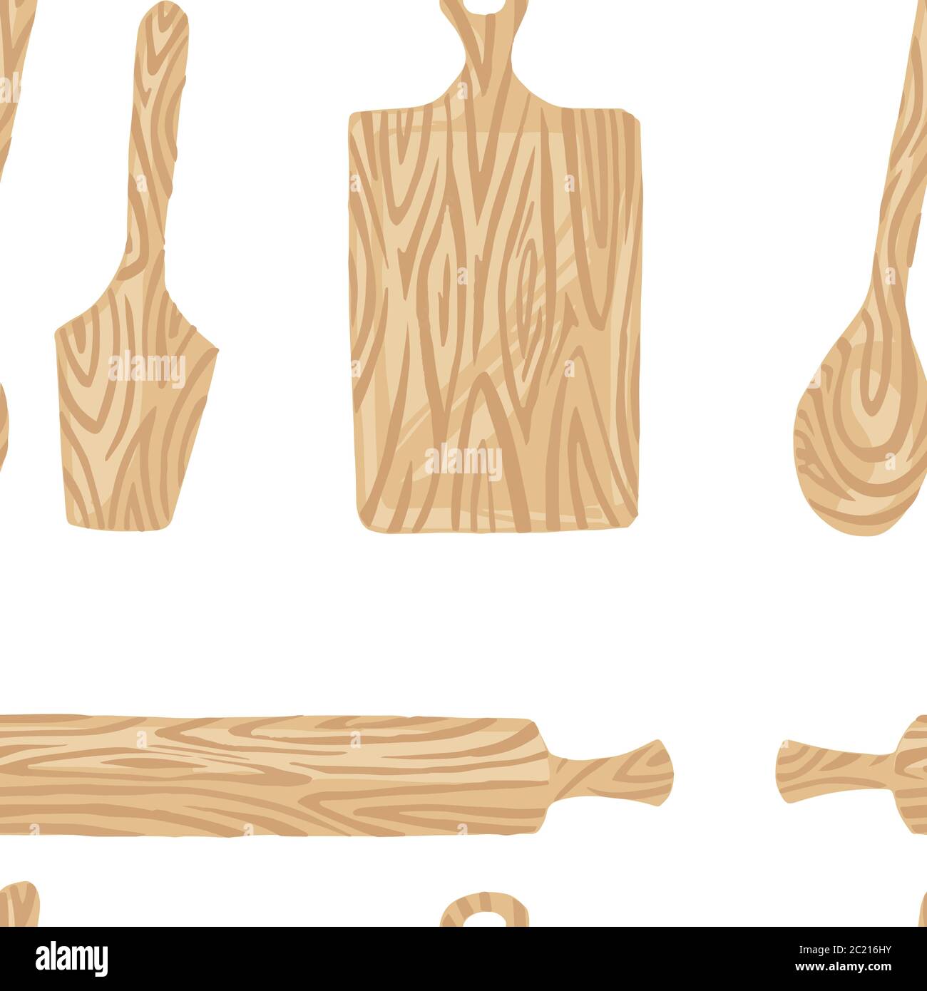 Seamless pattern of simple flat kitchenware wooden icons vector illustration on white background ...