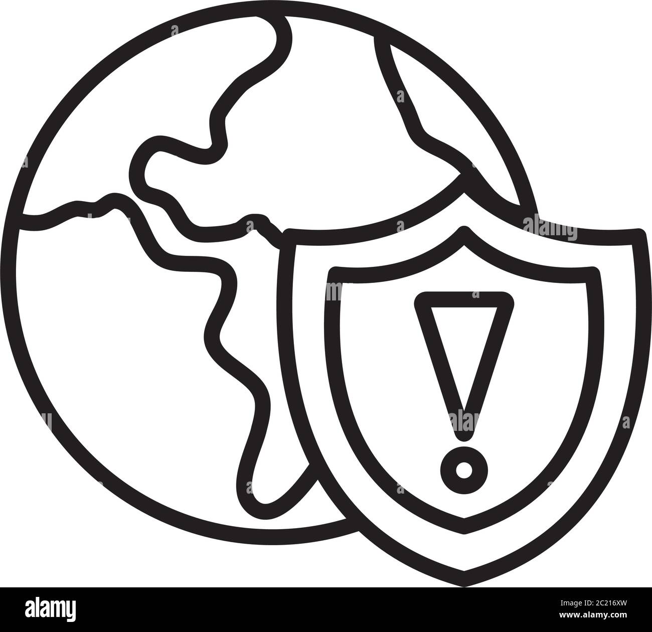 earth planet with shield with warning sign over white background, line ...