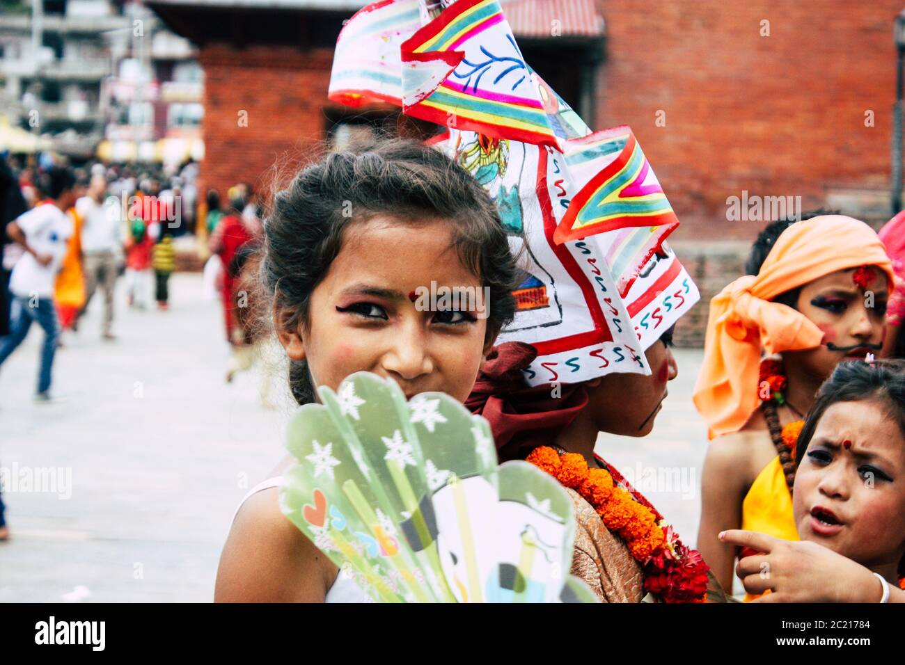 Kathmandu Nepal August 27, 2018 Portrait of unknown Hindu kid visiting ...