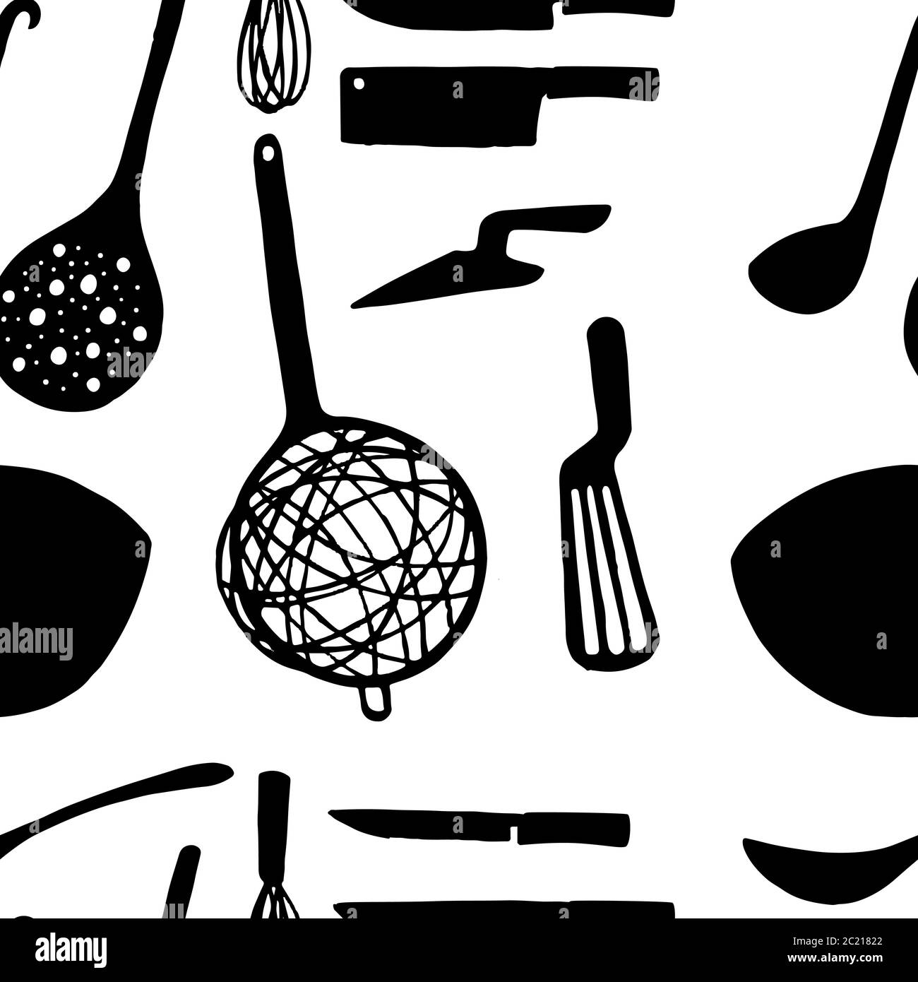 Black silhouette seamless pattern of simple flat kitchenware metal icons vector illustration on ...