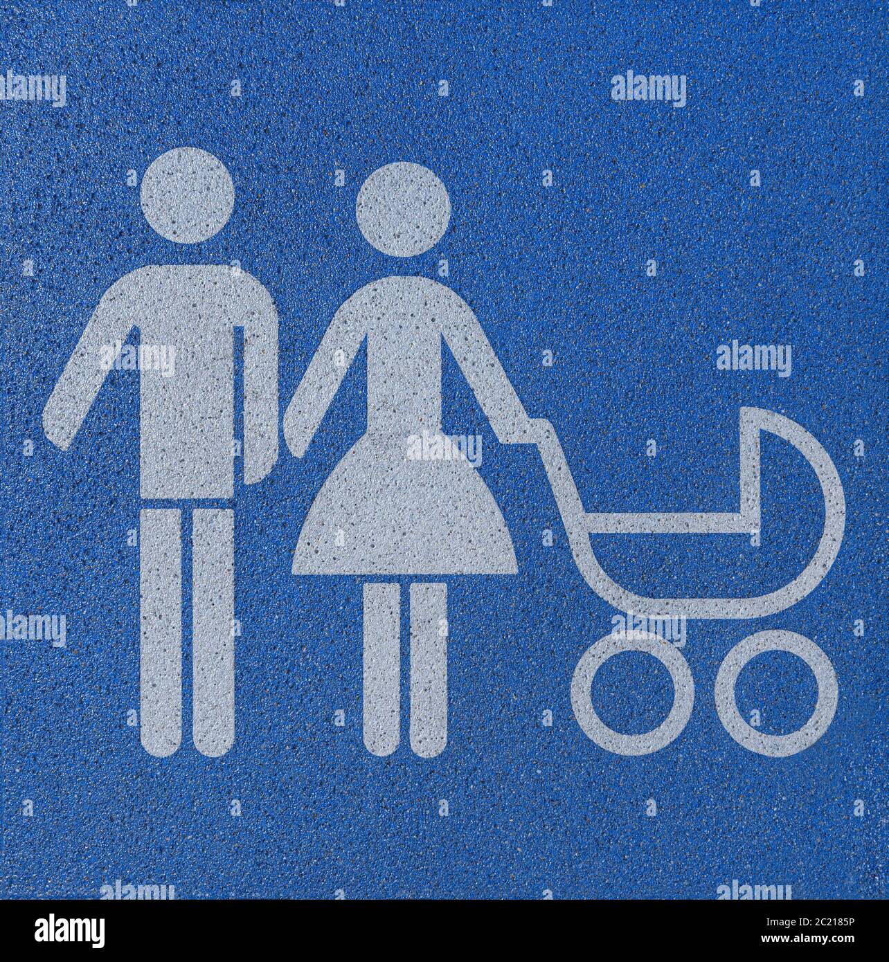 Father and mother with baby carriage - sign for family on a blue ...
