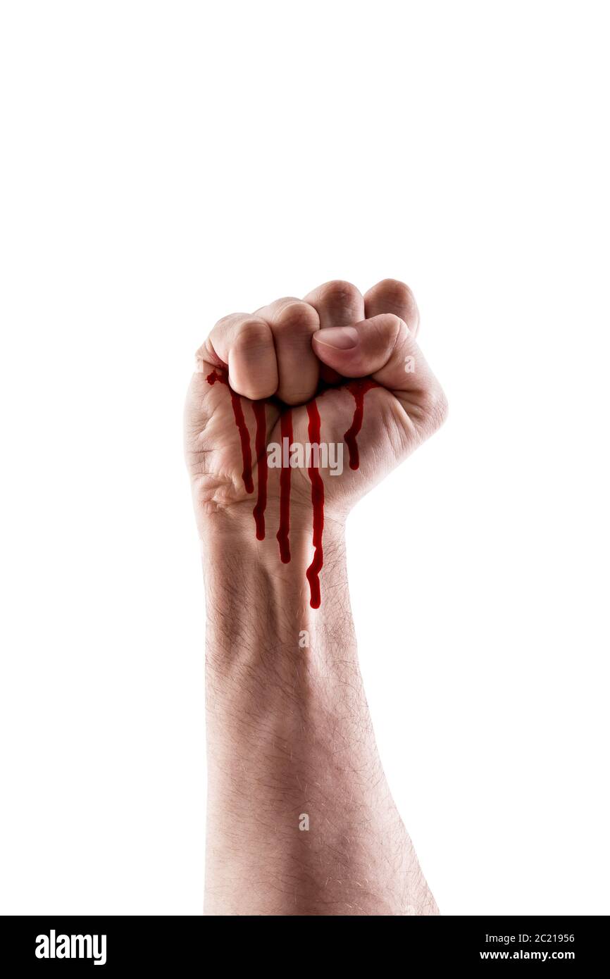 Raised hand showing fist with blood isolated on white background Stock ...