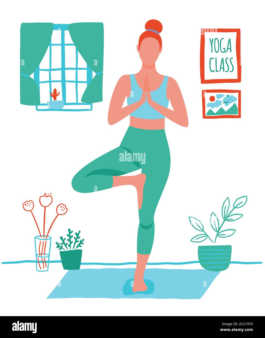 Women exercising yoga at home flat color trend vector. Stay at home ...