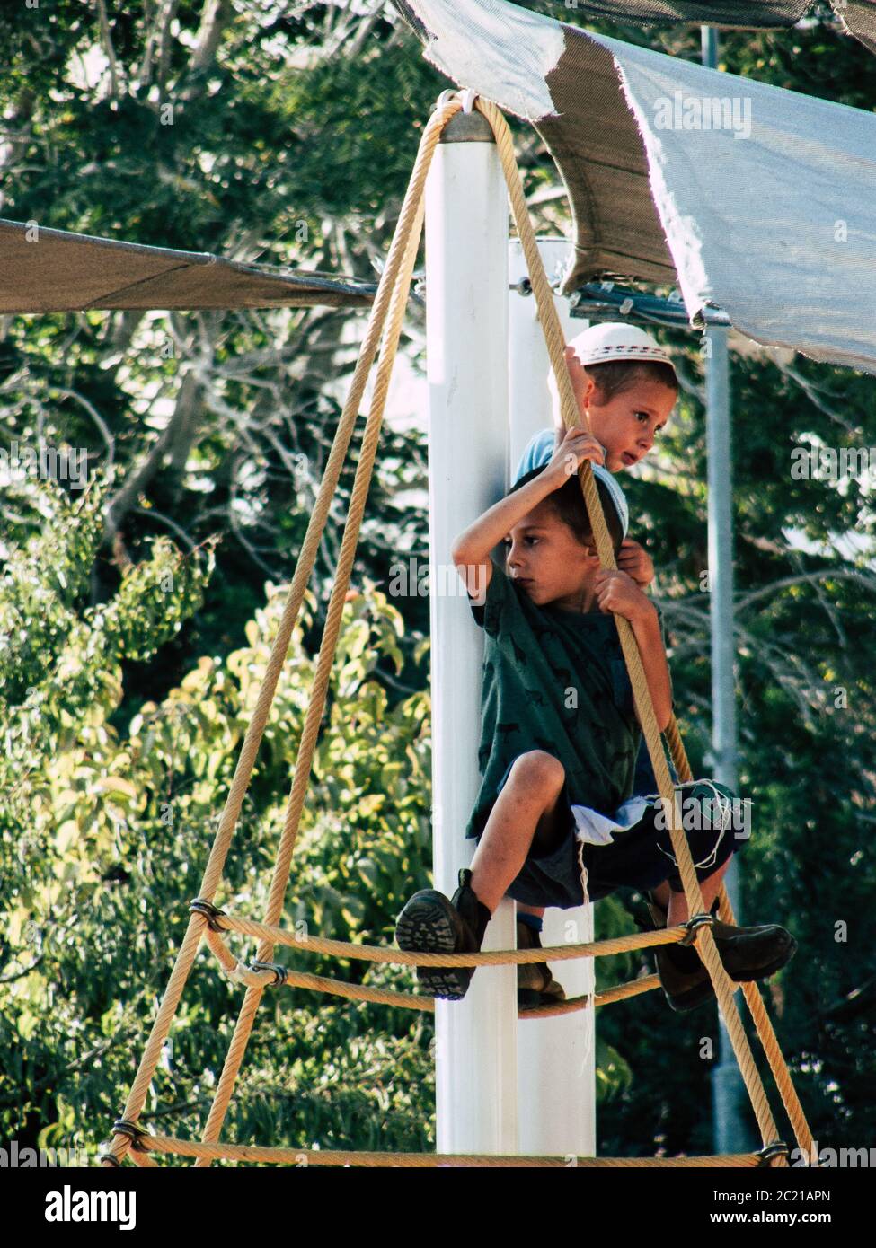 Jerusalem Israel September 11, 2018 View of kids playing in a public ...