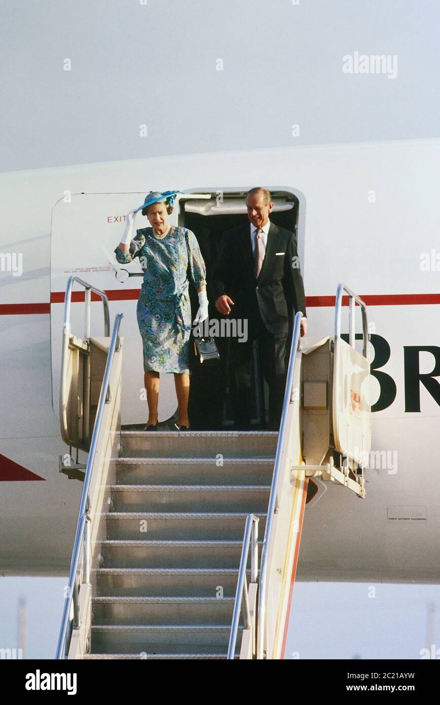 Queen Elizabeth II and The Duke of Edinburgh arrival at Grantley Adams ...