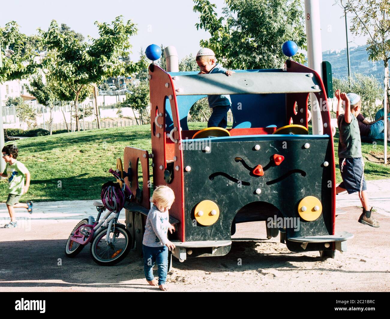 Jerusalem Israel September 11, 2018 View of kids playing in a public ...