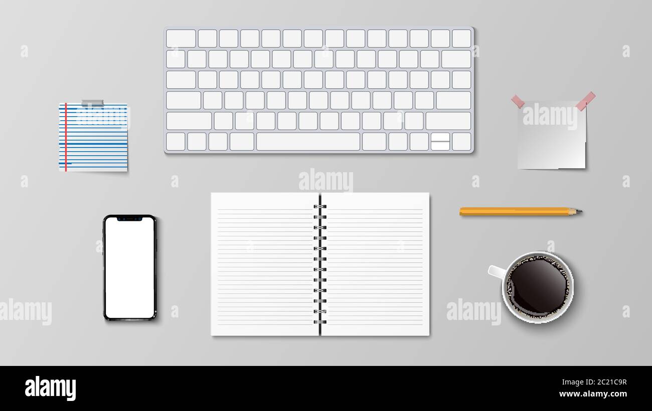 Top view of modern workplace, keyboard coffee paper note pencil on the ...