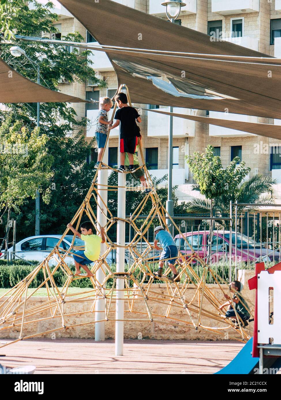 Jerusalem Israel September 11, 2018 View of Israeli kids playing with a ...