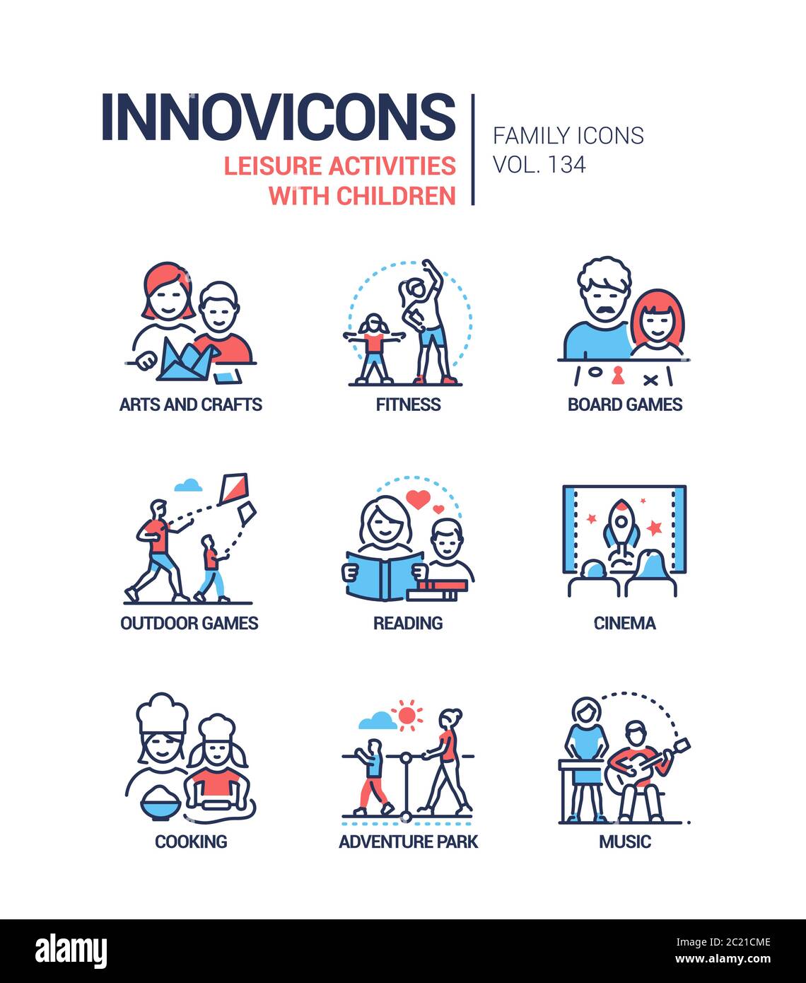 Leisure activities for children - line design style icons set Stock ...