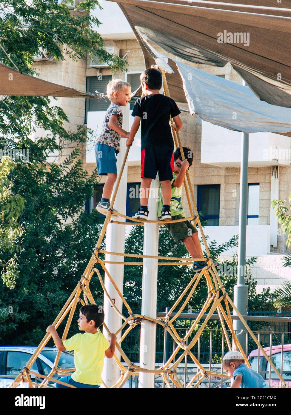 Jerusalem Israel September 11, 2018 View of Israeli kids playing with a ...
