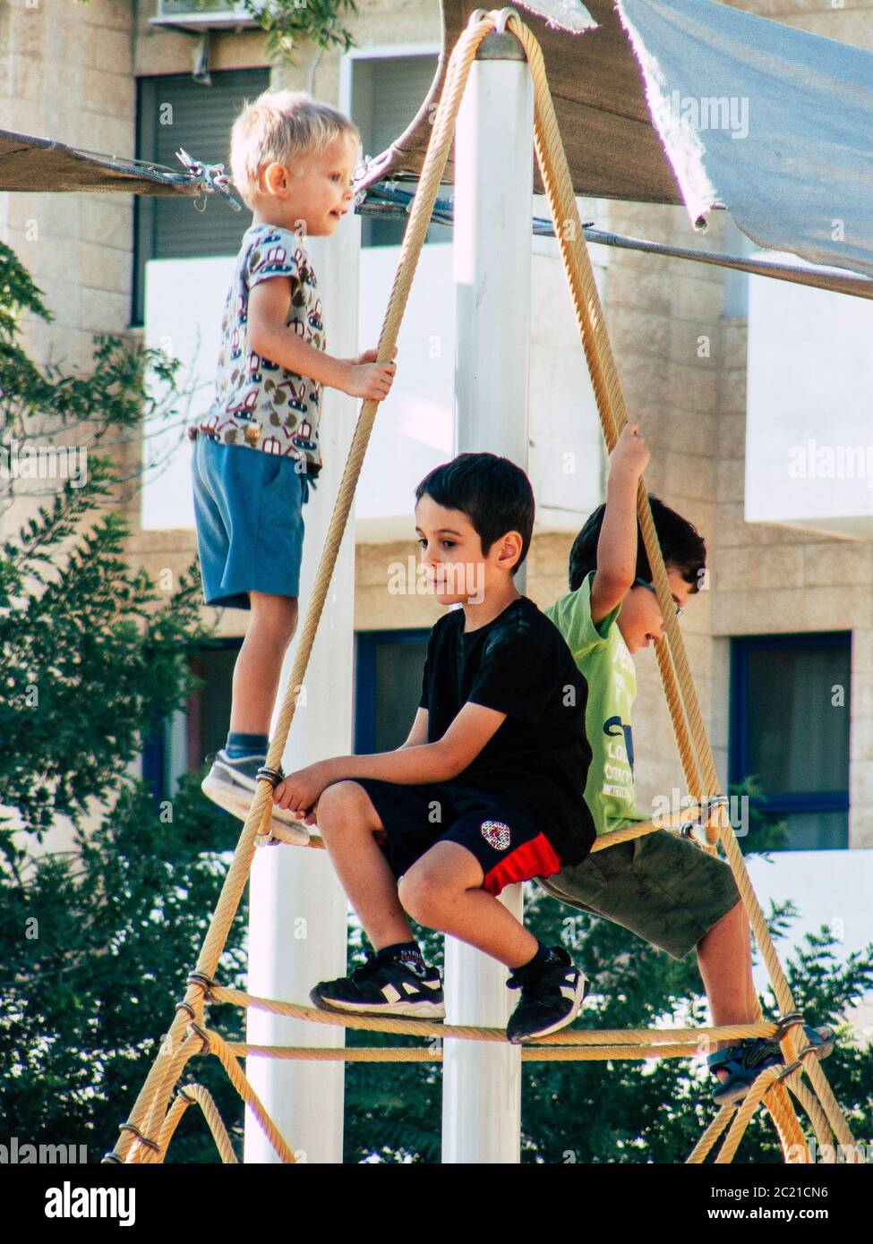 Jerusalem Israel September 11, 2018 View of Israeli kids playing with a ...