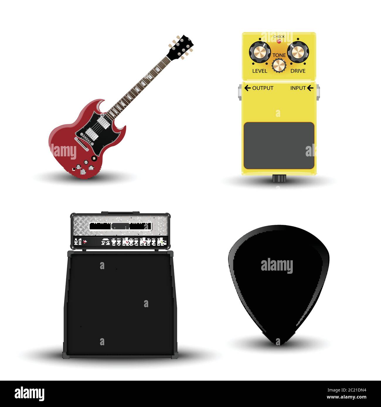 Music instruments icon, guitar, amplifier, pick and effect pedal ...