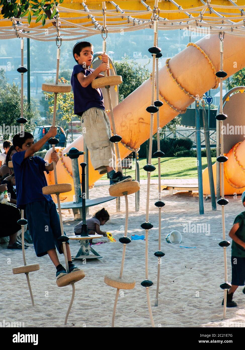 Jerusalem Israel September 11, 2018 View of kids playing in a public ...