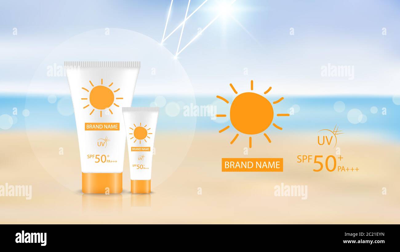 Sunblock product design mockup on beach background, cosmetic ...