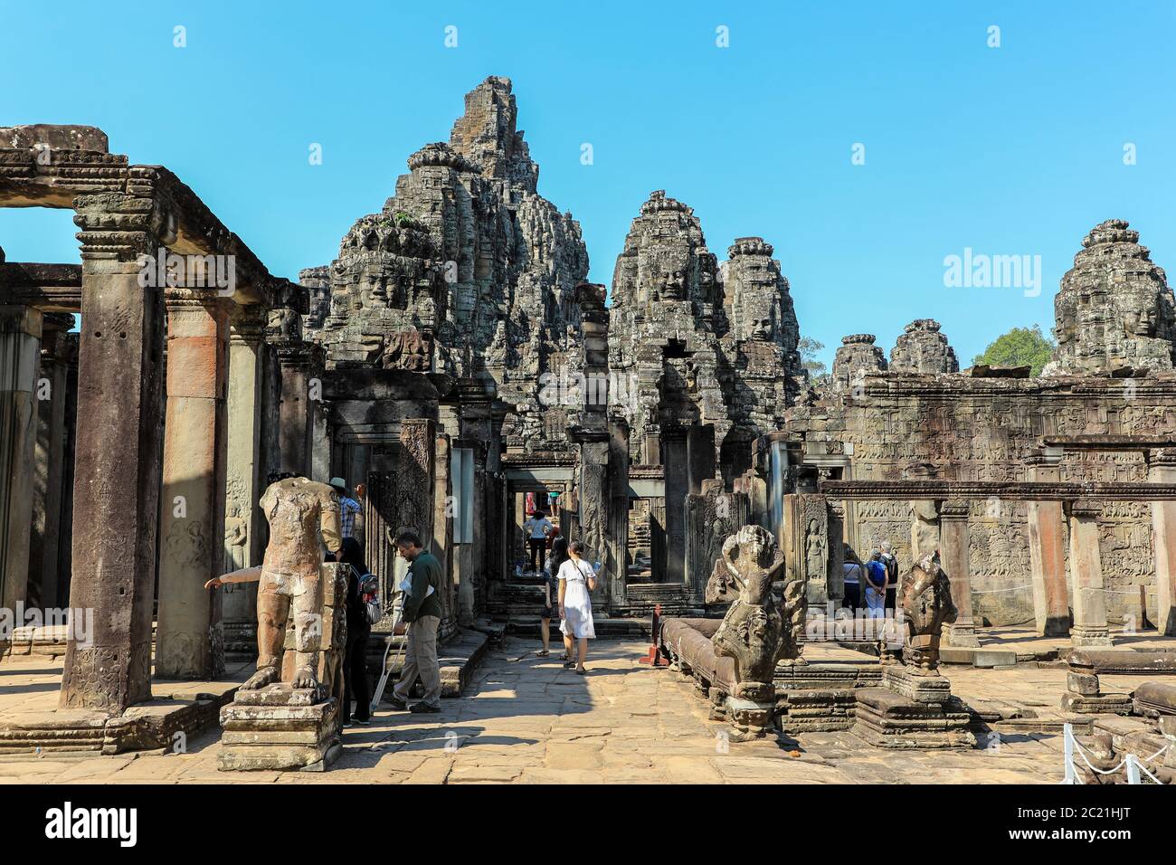 The towers of smiling faces at the Bayon at the Angkor Thom temple ...