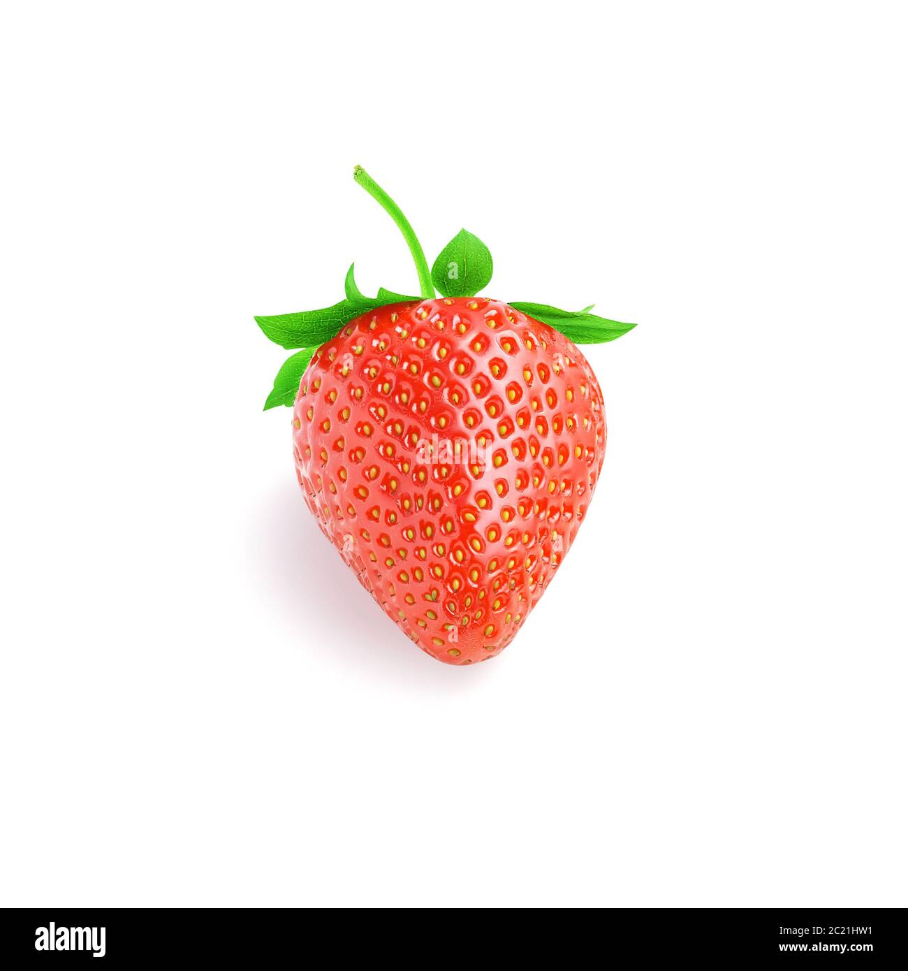 Front view of a red ripe perfect juicy fresh strawberry with green ...