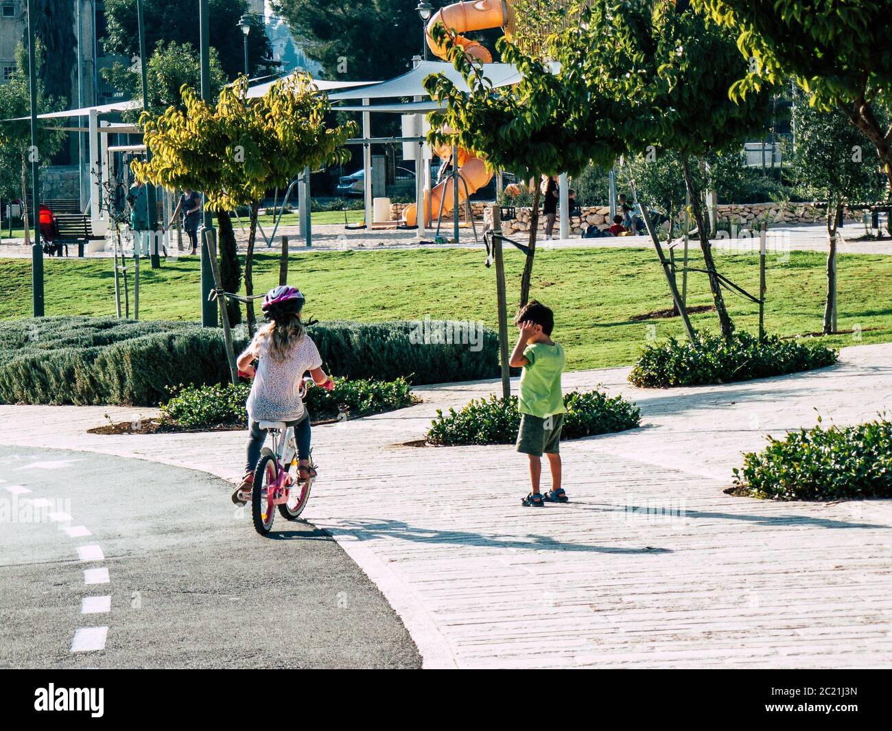 Jerusalem Israel September 11, 2018 View of Israeli kids playing with a ...