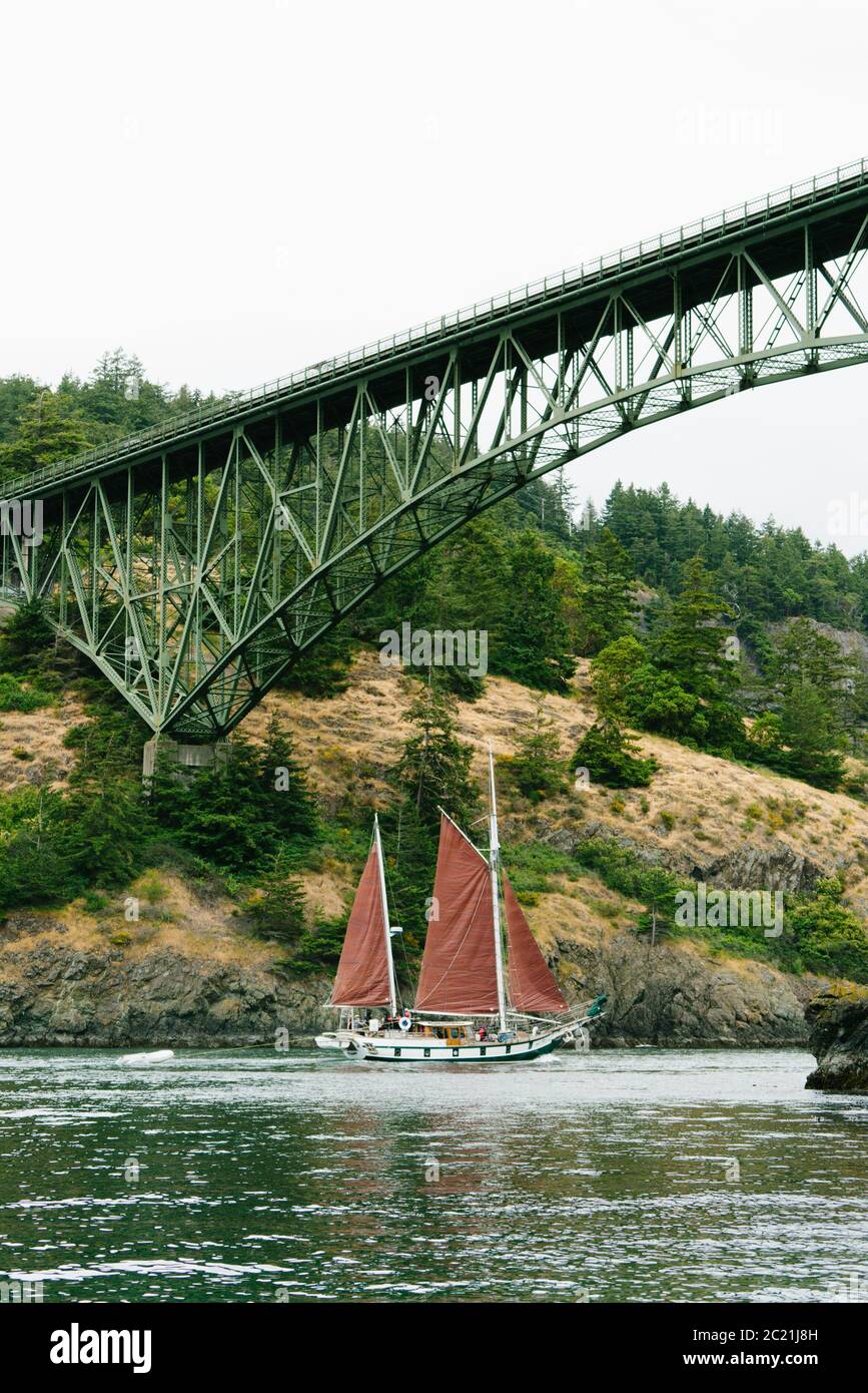 A sailboat under the Deception Pass Bridge in Anacortes, Washington ...