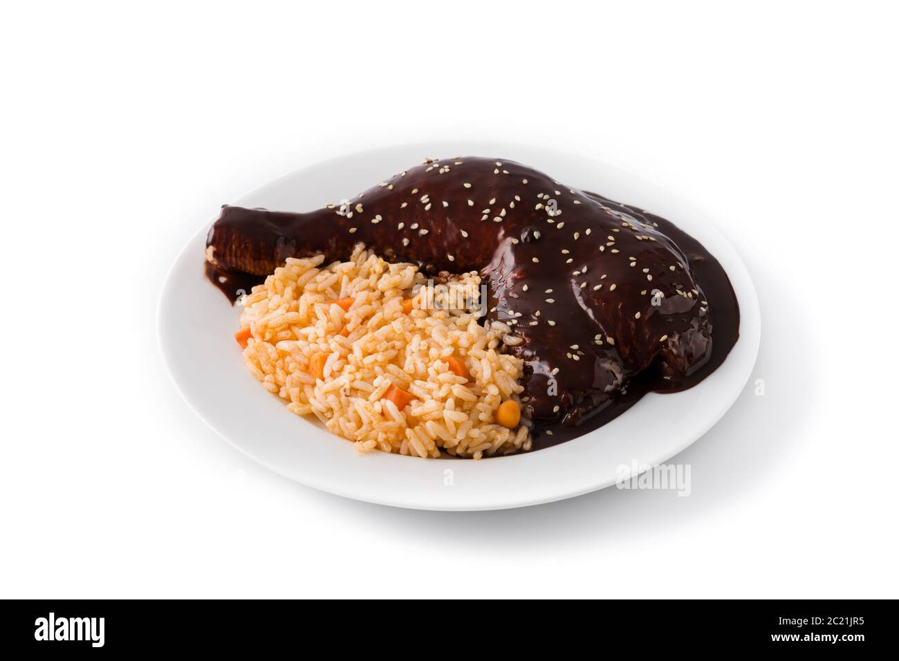 Traditional mole Poblano with rice isolated on white background Stock ...