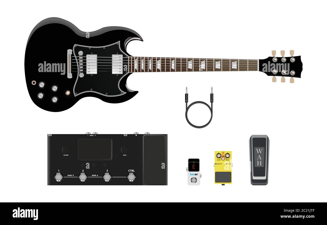 Music instruments icon, guitar, amplifier, pick and effect pedal ...