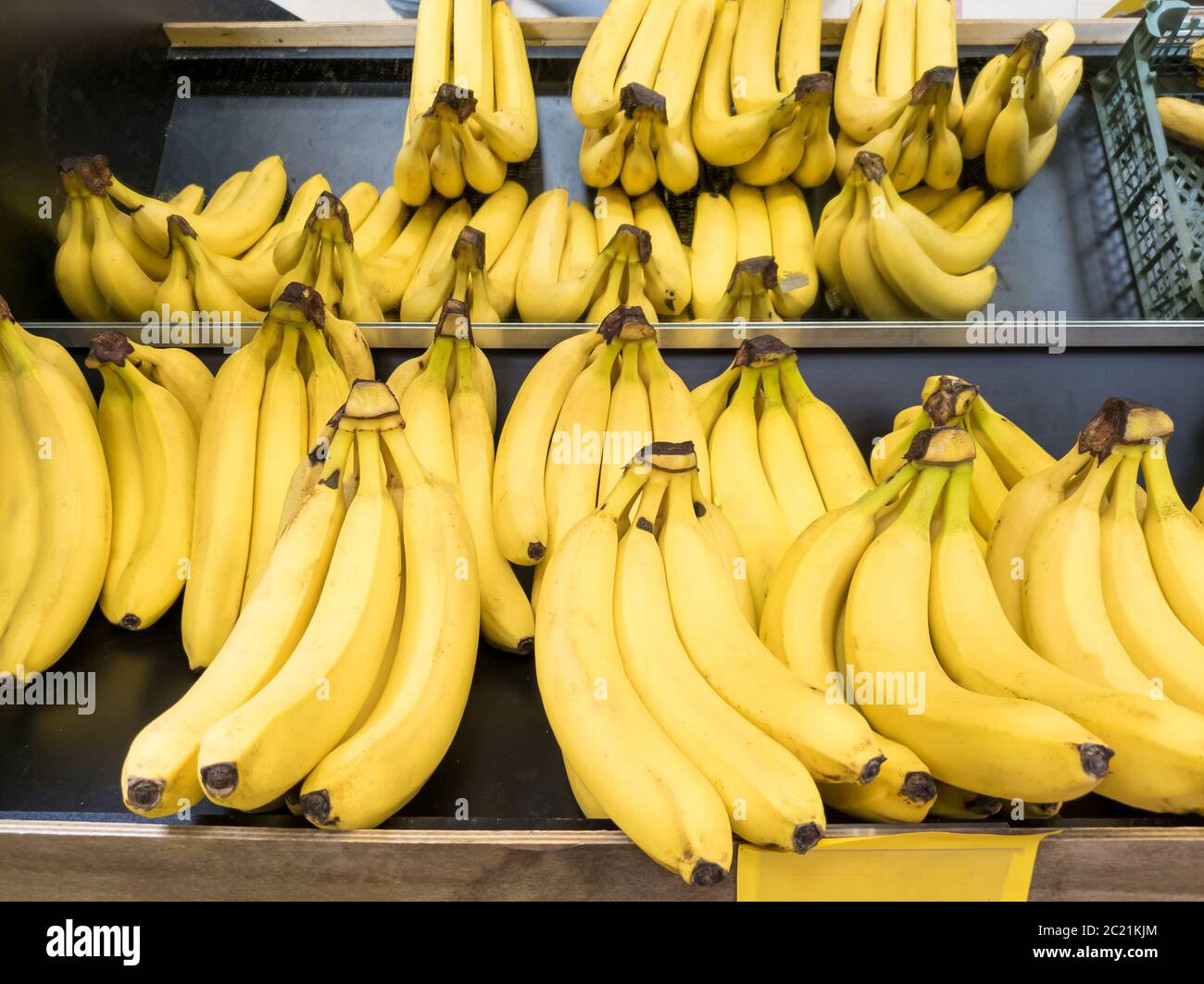 Yellow bunch of bananas in a pallet on a counter in a self-service ...