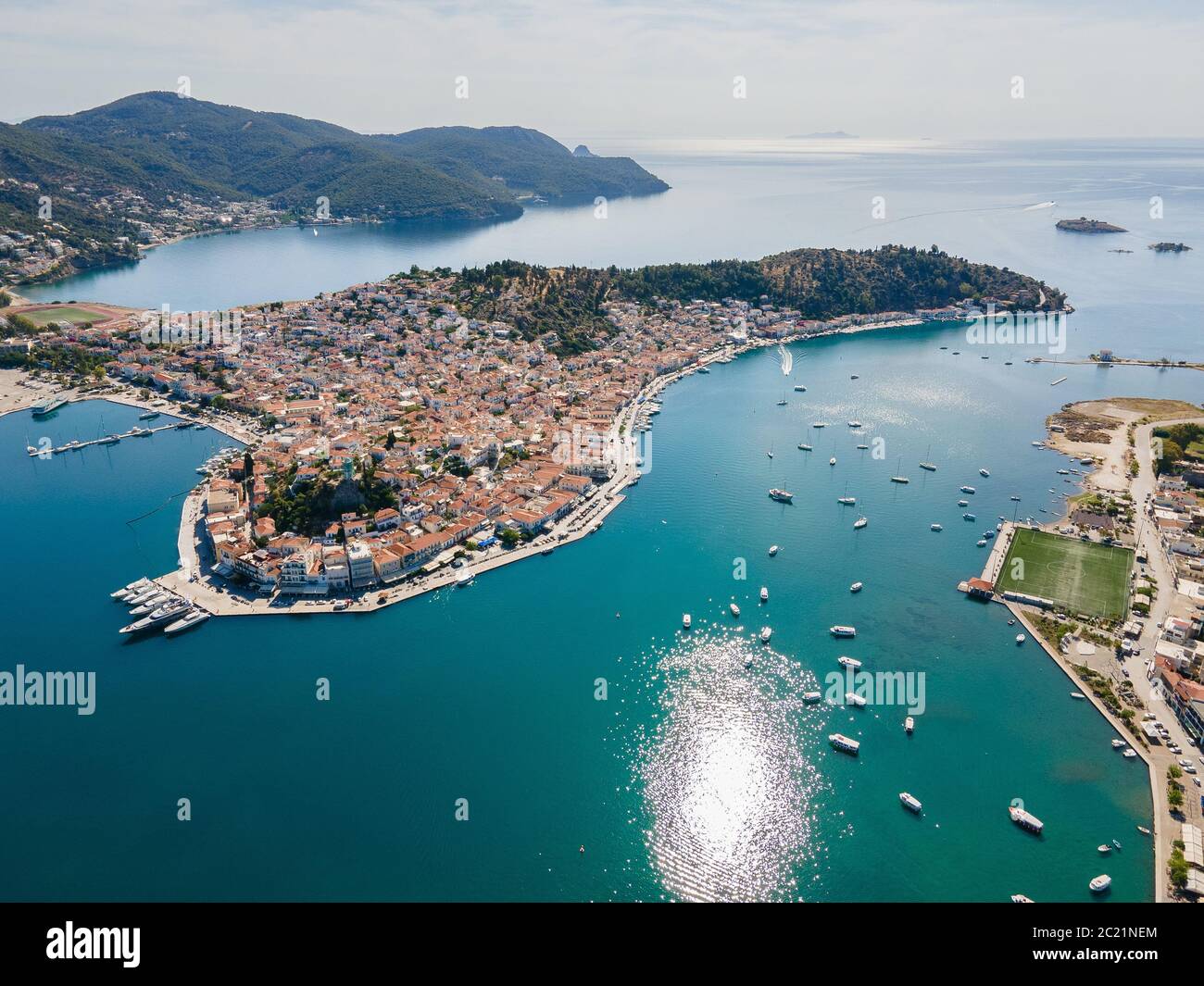 Poros island and its canal seperating it from the rest of Greece Stock ...