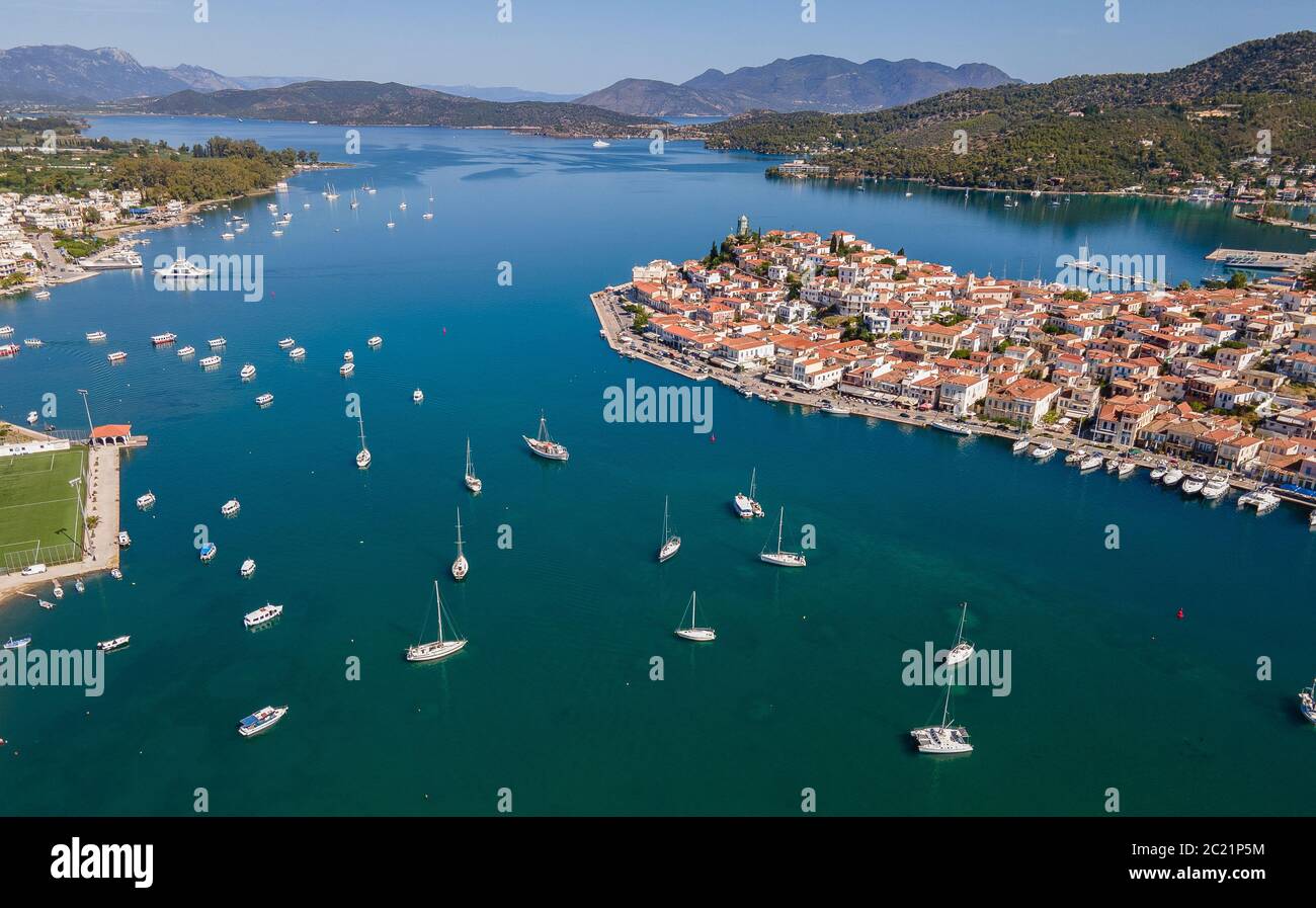 Poros island and its canal seperating it from the rest of Greece Stock ...
