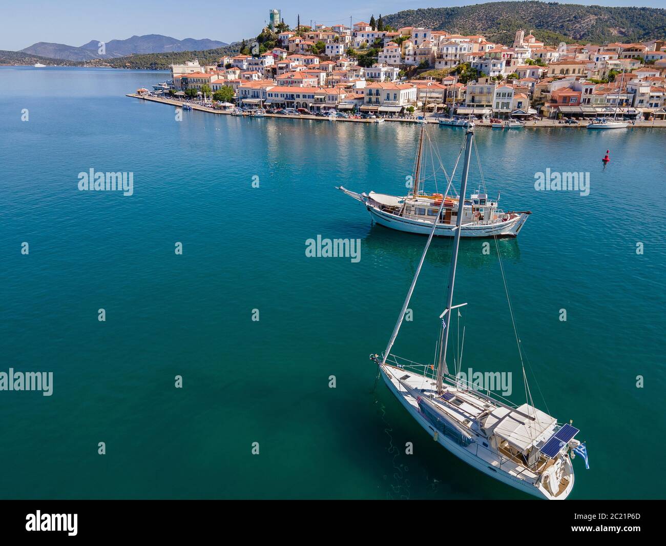 Poros island and its canal seperating it from the rest of Greec Stock ...