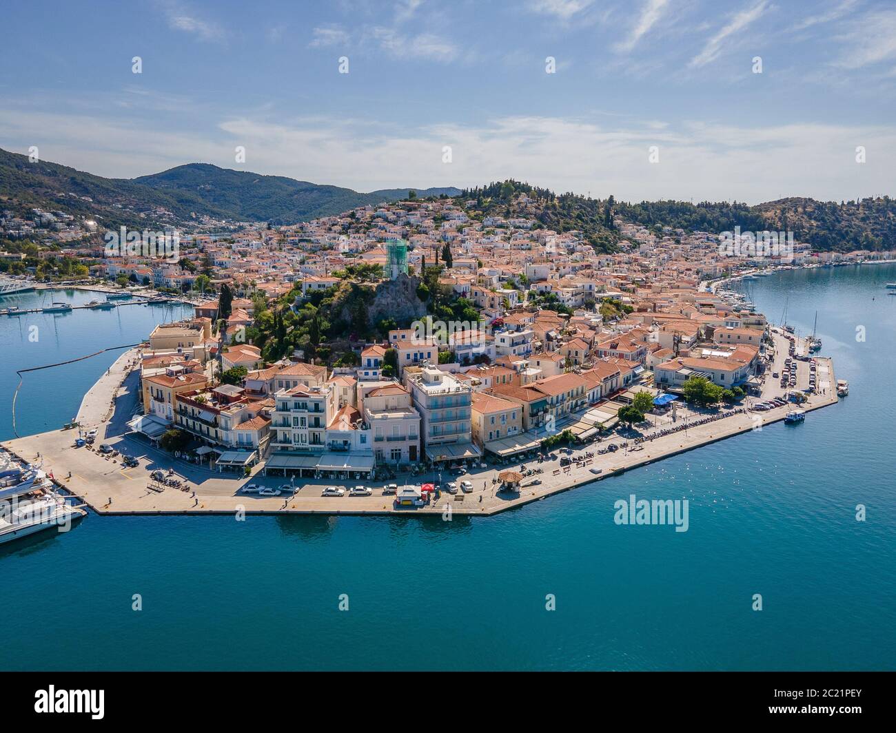 Poros island and its canal seperating it from the rest of Greec Stock ...