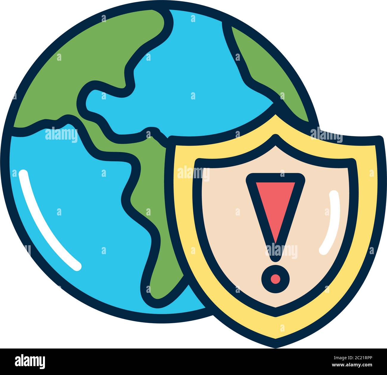 earth planet with shield with warning sign over white background, line ...