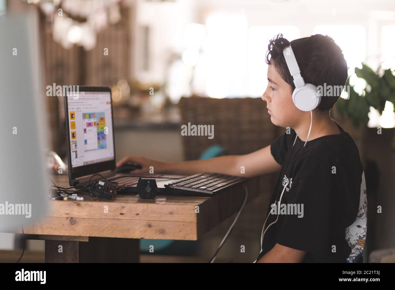 Boy doing his homework on laptop Stock Photo - Alamy