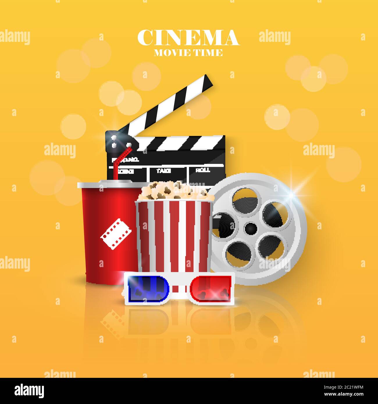 Cinema background concept, movie theater object on yellow background ...