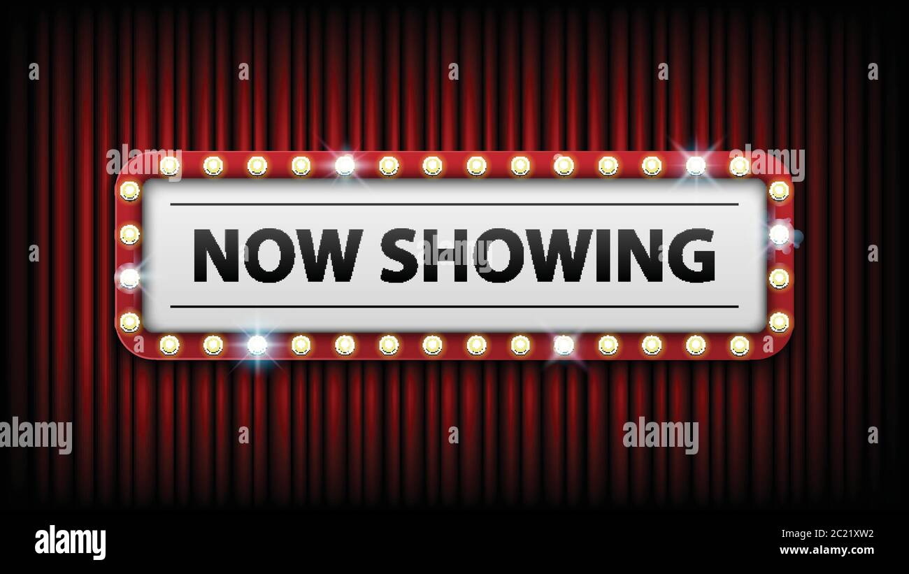 Now showing with electric bulbs frame on red curtain background, vector ...