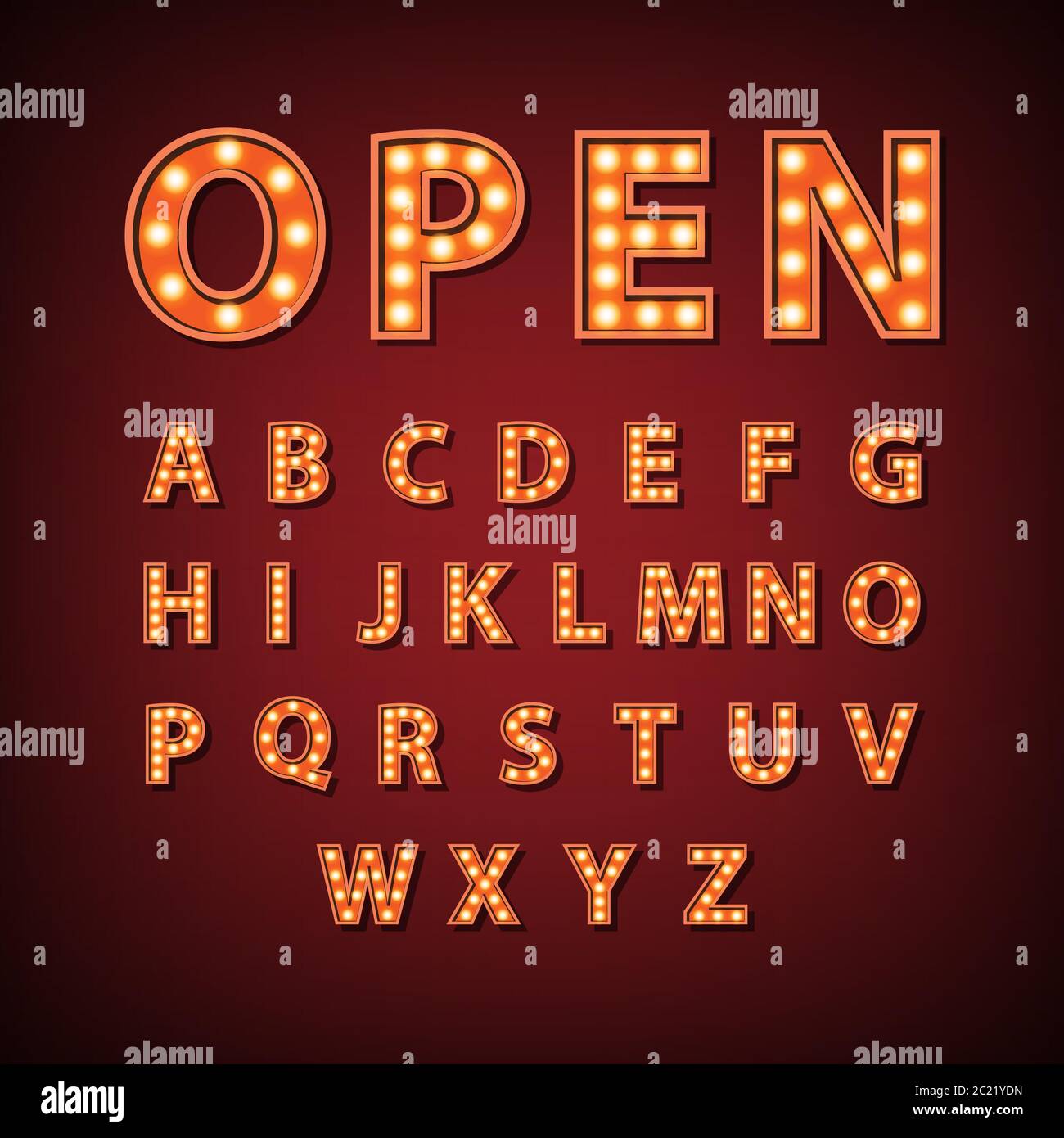 Vintage marquee bulb English alphabet sign, vector illustration Stock ...